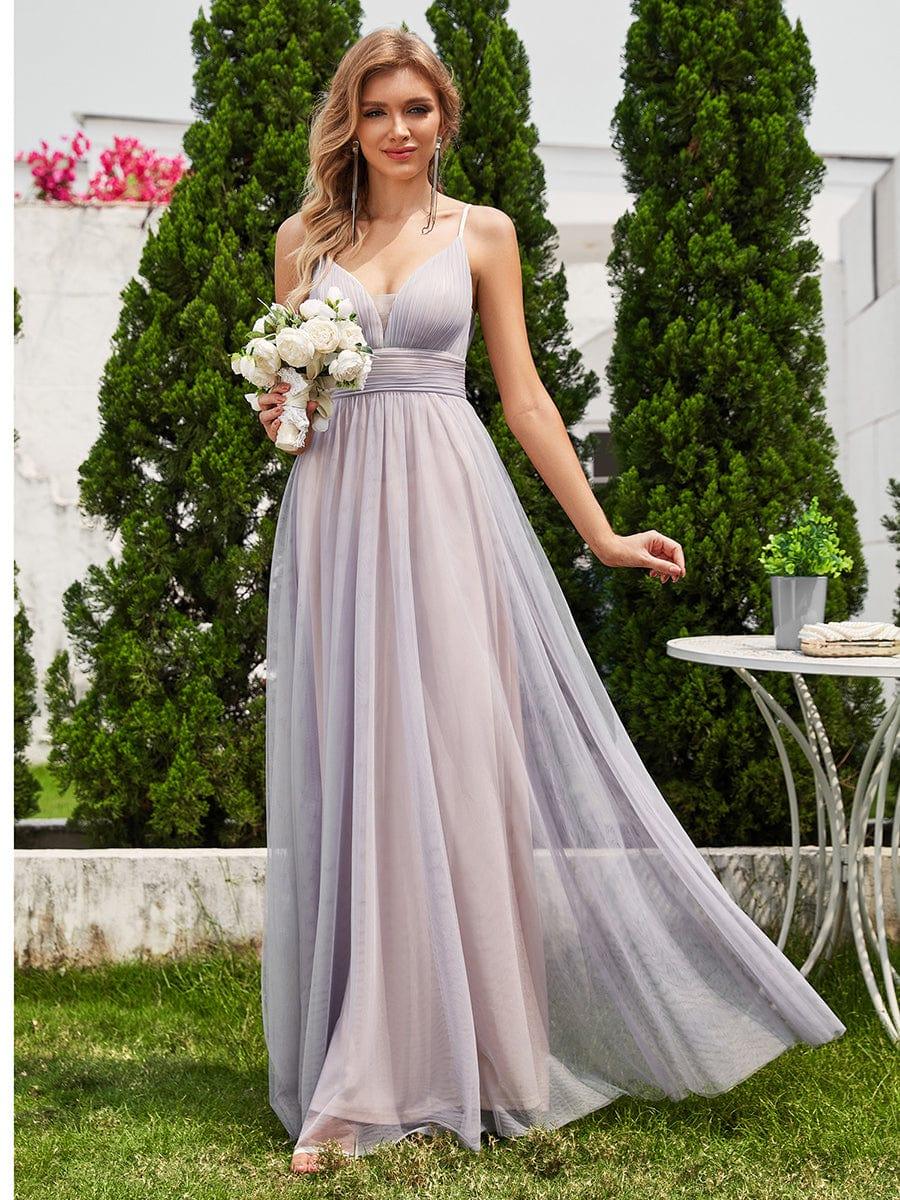 See-Through Backless Pleated Sleeveless Bridesmaid Dress with V-Neck - Ever-Pretty UK