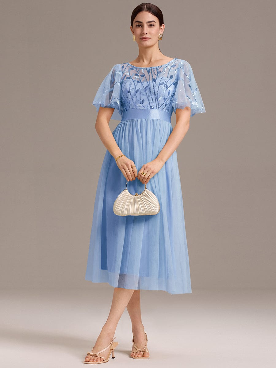 Embellished Sequin Leaf Round Neck Midi Evening Dress with Short ...