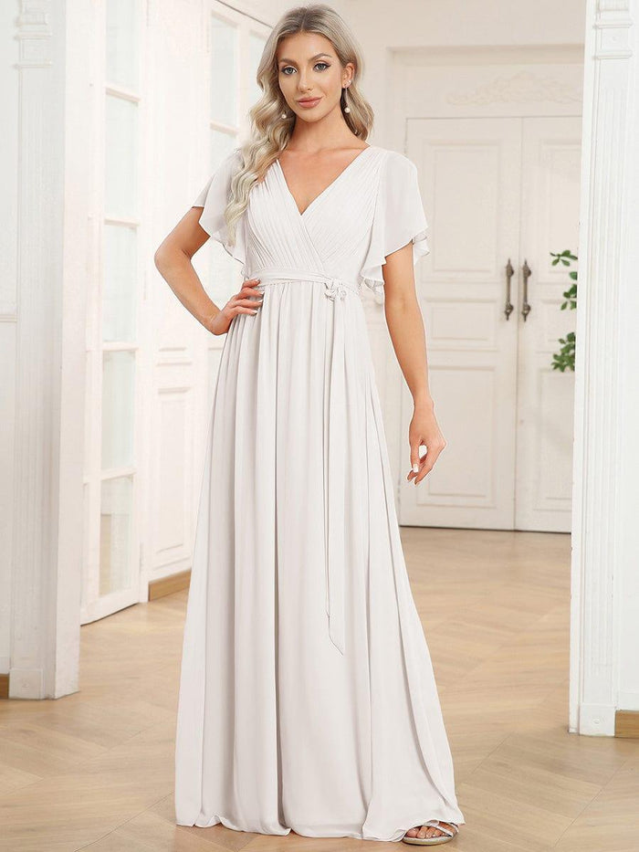 V-Neck Chiffon Pleated Maxi Bridesmaid Dress with Flutter Sleeves ...