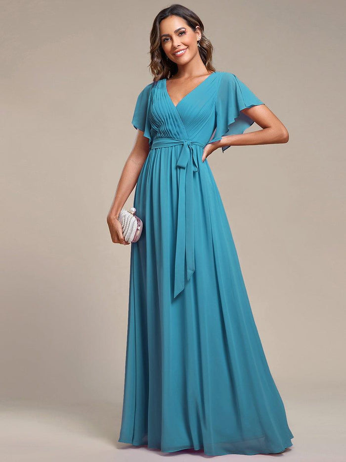 V-Neck Chiffon Pleated Maxi Bridesmaid Dress with Flutter Sleeves ...