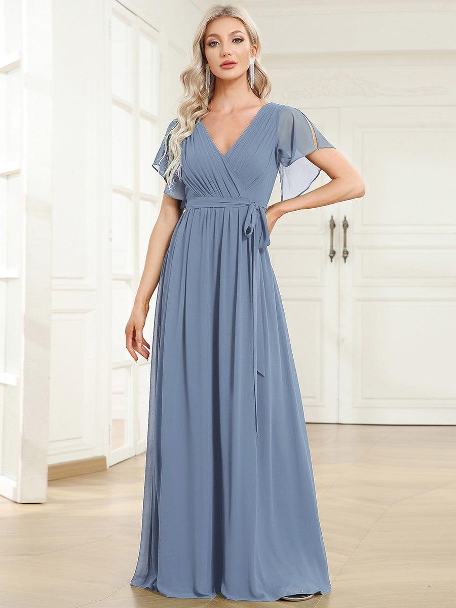 V-Neck Chiffon Pleated Maxi Bridesmaid Dress with Flutter Sleeves ...