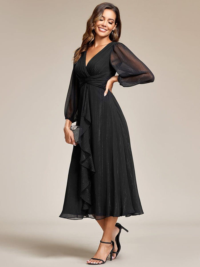 Shop Long Sleeve V-Neck Chiffon Twist Knot Evening Dress - Ever-Pretty UK