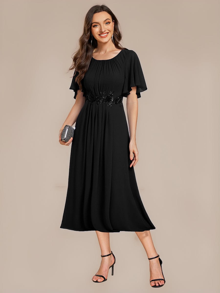 Applique Chiffon Ruffle Sleeve Midi Evening Dress | Round Neckline ...