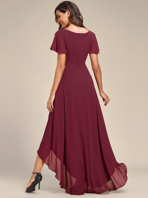 Chiffon Bridesmaid Dress with High-Low Hemline | V-Neck Ruffle Sleeves ...