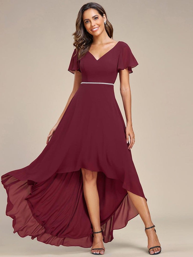 Chiffon Bridesmaid Dress with High-Low Hemline | V-Neck Ruffle Sleeves ...