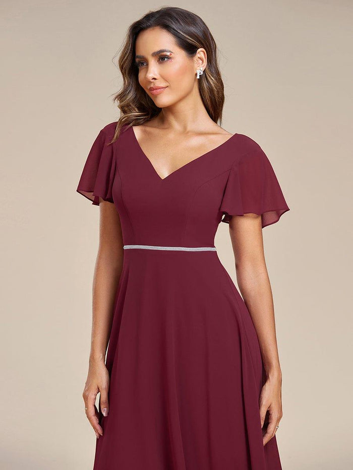 Chiffon Bridesmaid Dress with High-Low Hemline | V-Neck Ruffle Sleeves ...