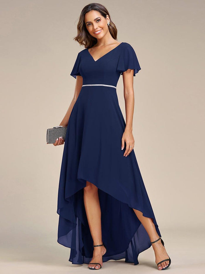 Chiffon Bridesmaid Dress with High-Low Hemline | V-Neck Ruffle Sleeves ...