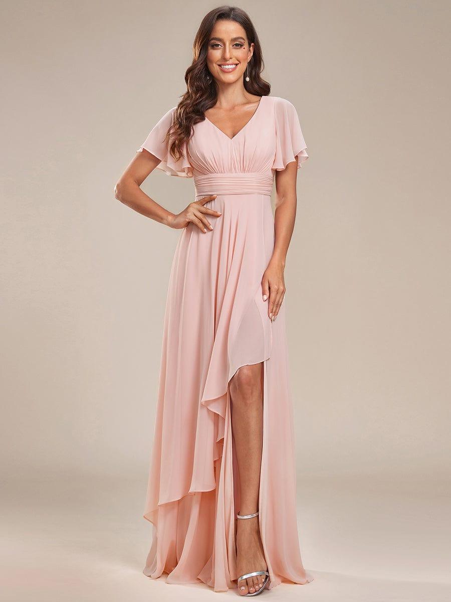 Elegant High Split Pleated Ruffles Sleeve Evening Dress | Bridesmaid ...