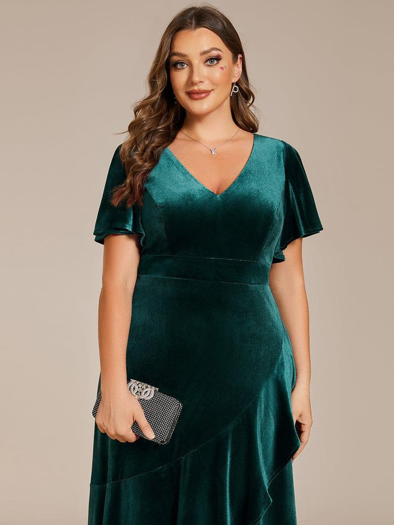 Double V-Neck Velvet Evening Dress with Lotus Leaf Hem - Ever-Pretty UK
