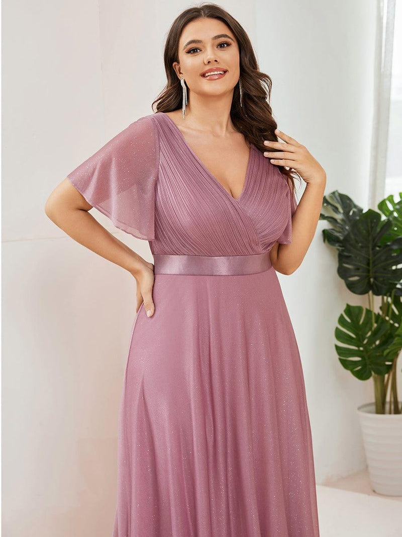 Plus Size Short Sleeve V-neck Floor Length Evening Dress - Ever-Pretty UK