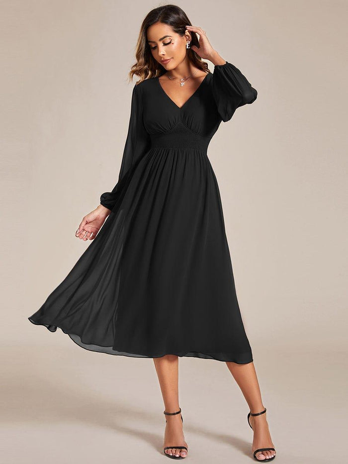 Elegant V Neck Midi Wedding Guest Dress | Long Sleeves | A Line ...
