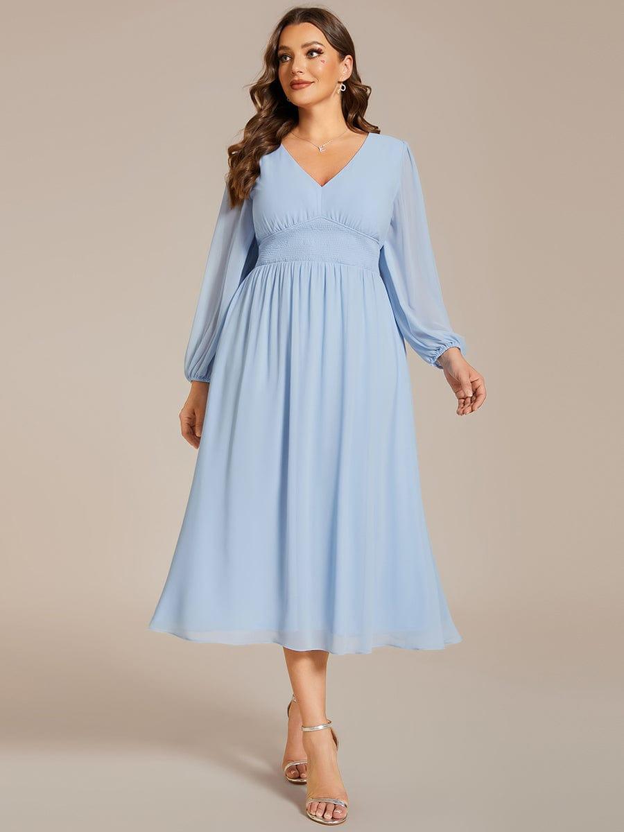 Plus Size Elegant V Neck Midi Wedding Guest Dress | Long Sleeves | A ...
