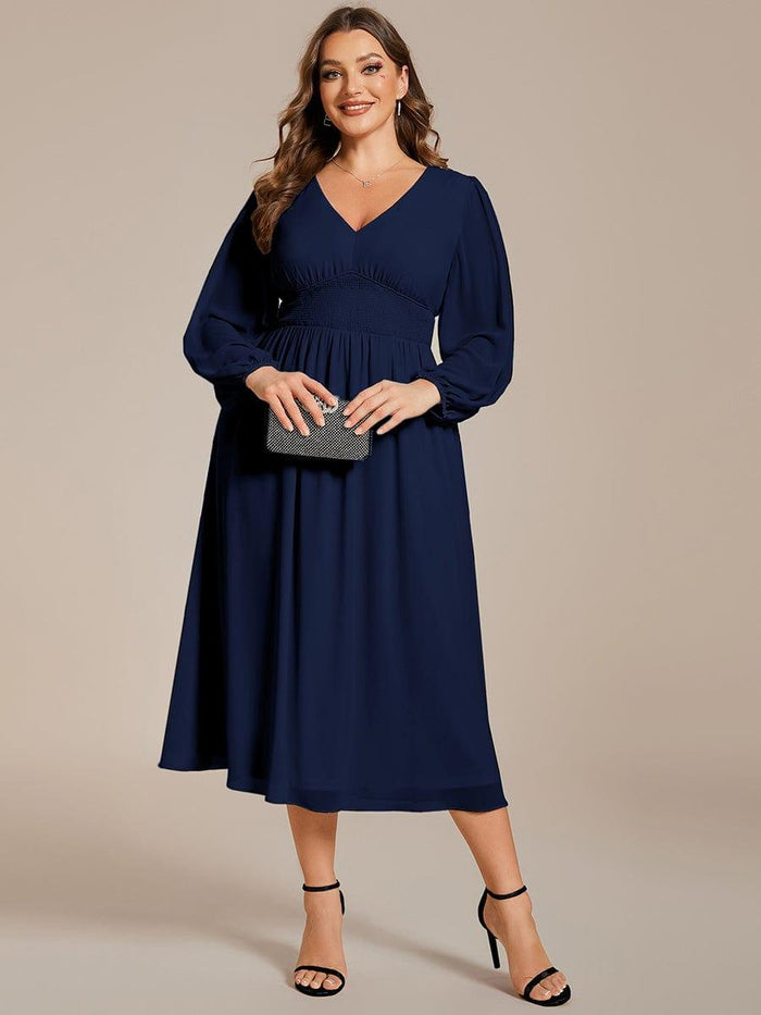 Plus Size Elegant V Neck Midi Wedding Guest Dress | Long Sleeves | A ...