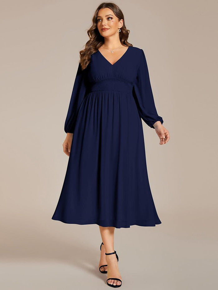 Plus Size Elegant V Neck Midi Wedding Guest Dress | Long Sleeves | A ...