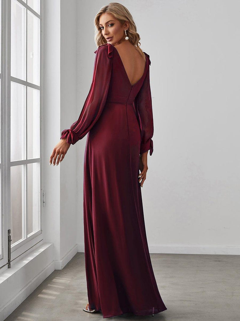 Long Sleeve V-neck A-line Chiffon Bridesmaid Dress - Ever-Pretty UK