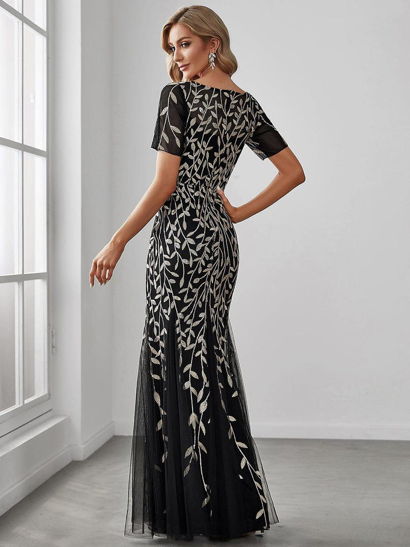 Sequin Leaf Tulle Fishtail Prom Dress with Half Sleeves - Ever-Pretty UK