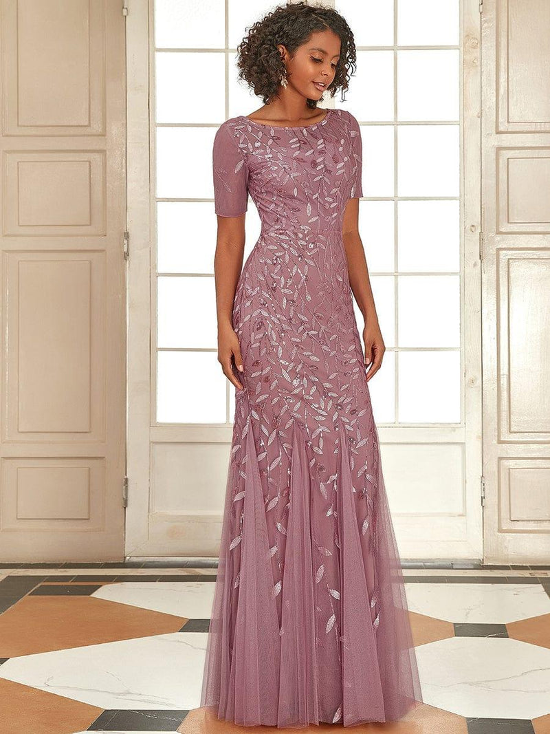 Sequin Leaf Tulle Fishtail Prom Dress with Half Sleeves - Ever-Pretty UK